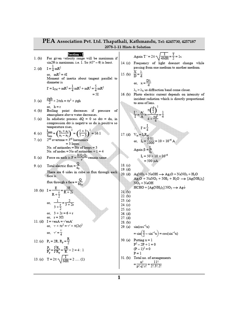 Association Pvt. Ltd. Thapathali, Kathmandu,: Section - I | PDF | Physical Phenomena | Physical ...