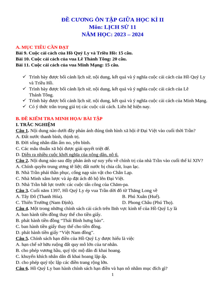 Su11 - de Cuong - Giua Hkii (2023-2024) | PDF