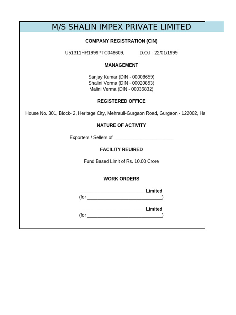 CMA & Projections - Shalin Impex | PDF | Expense | Depreciation