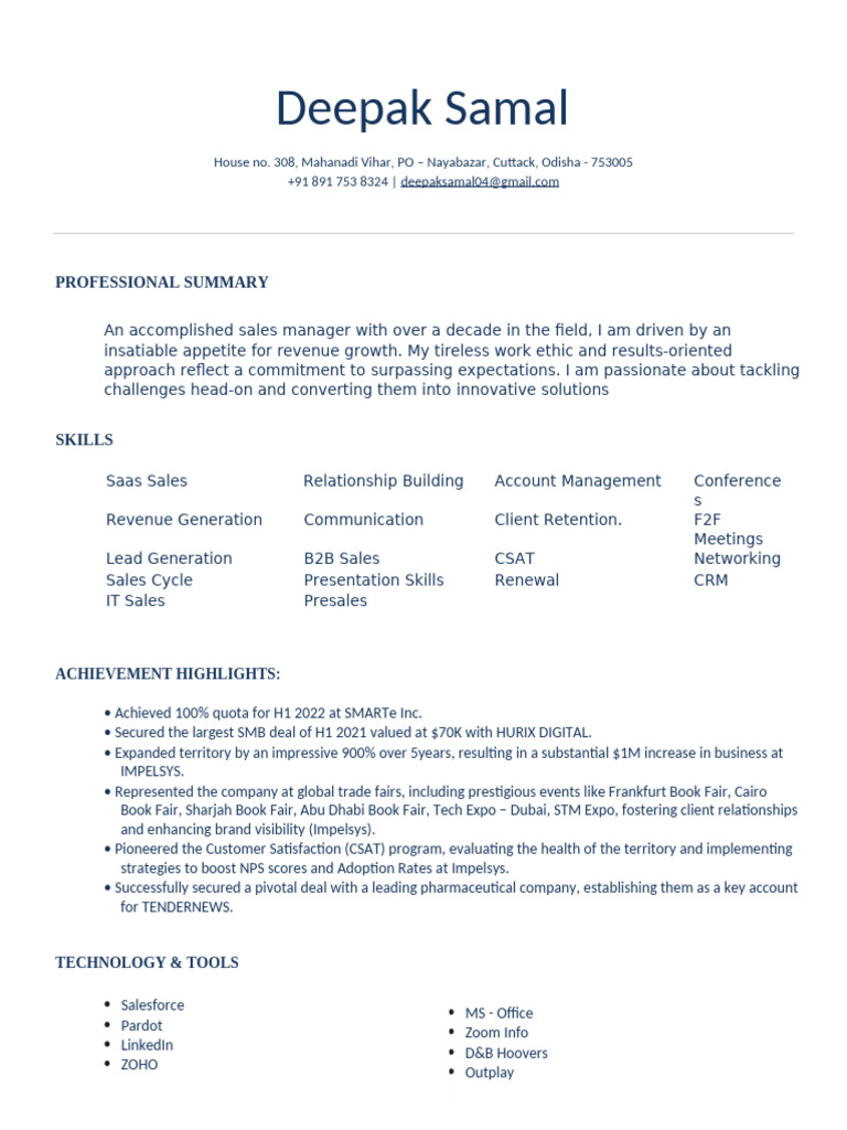 Deepak Samal - Sales Manager | PDF | Business Process | Strategic Management