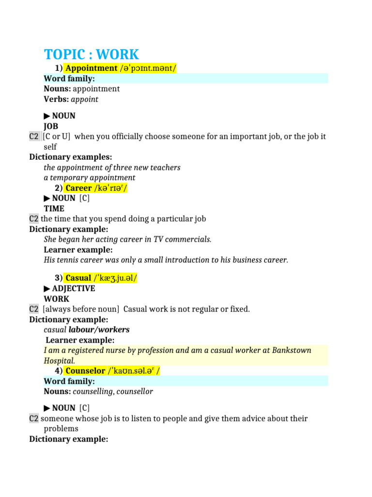 Work Vocabulary | PDF | Adjective | Noun