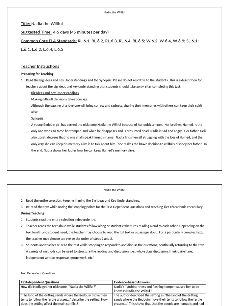 Nadia The Willful. Lesson - Story | PDF | God In Islam