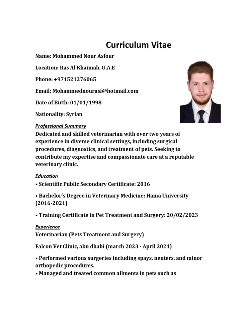 Veterinarian CV - Mohammed Asfour | PDF