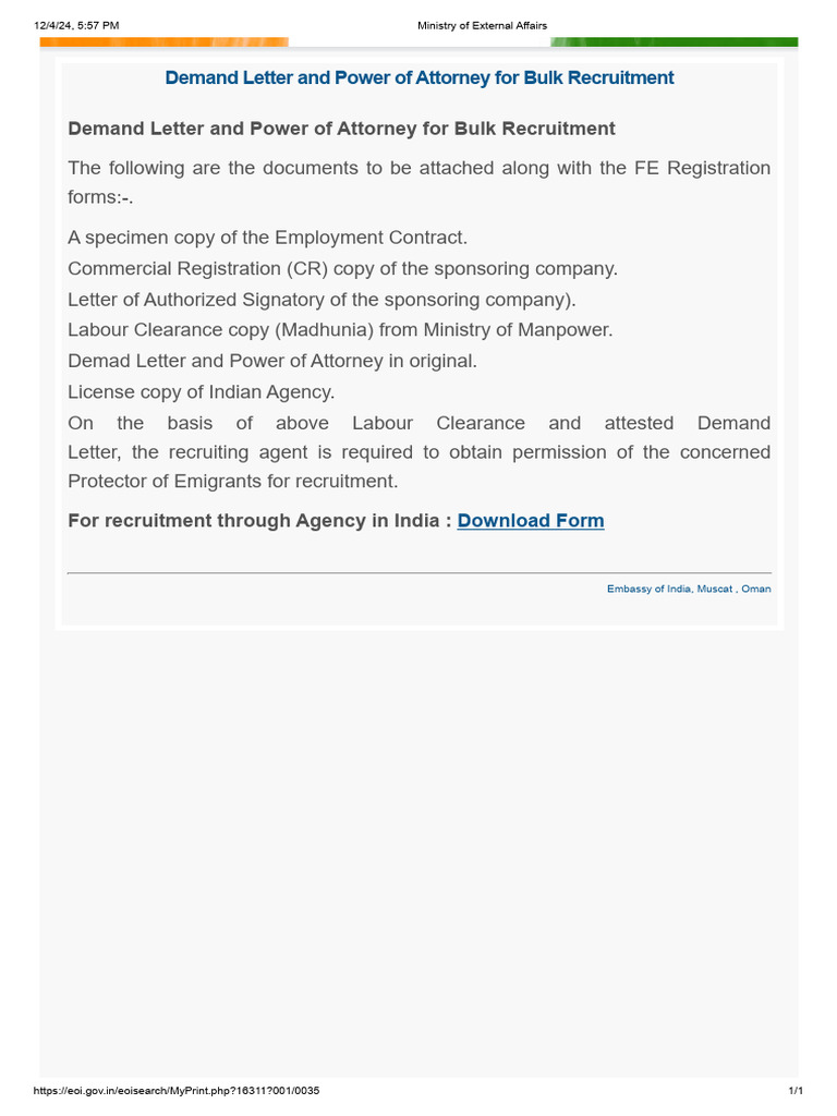 Recruitment Process for India-Oman Embassy | PDF