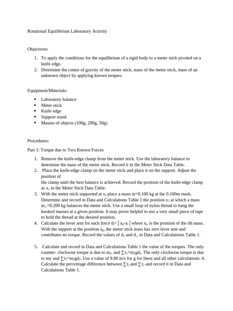 Rotational Equilibrium Laboratory Activity | PDF | Torque | Physical ...