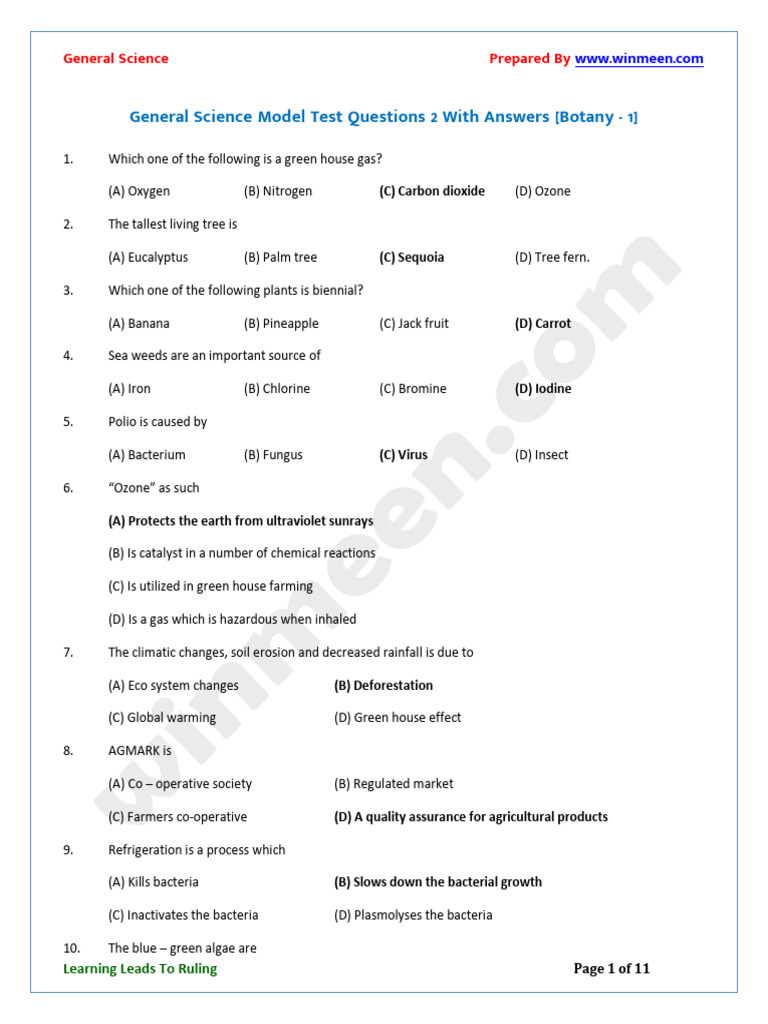 General Science Model Test Questions 2 in English With Answer | PDF ...