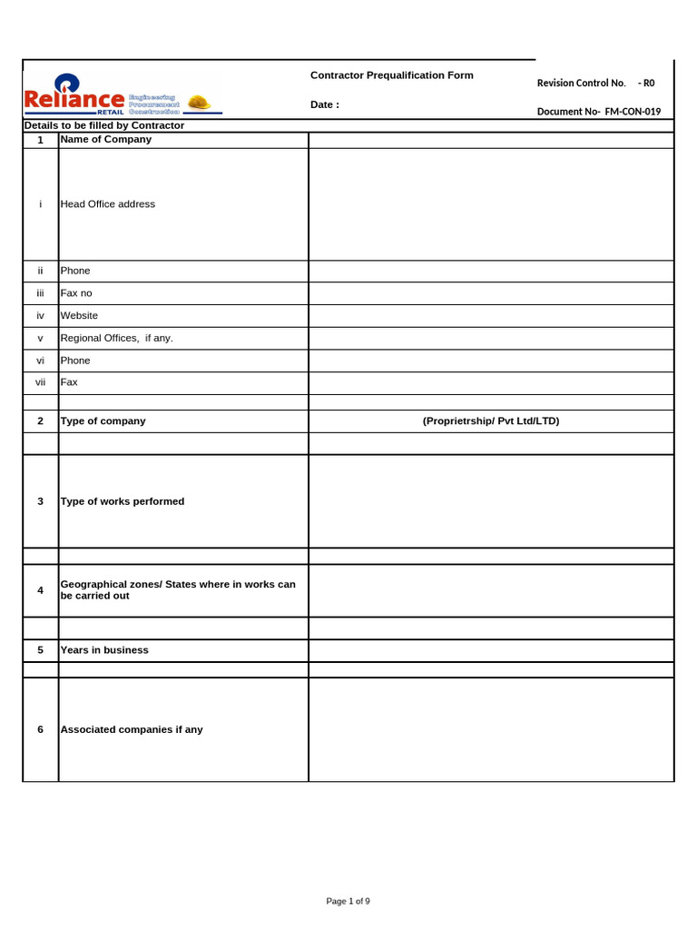 Contractor Pre Qualification - Registration Document | PDF