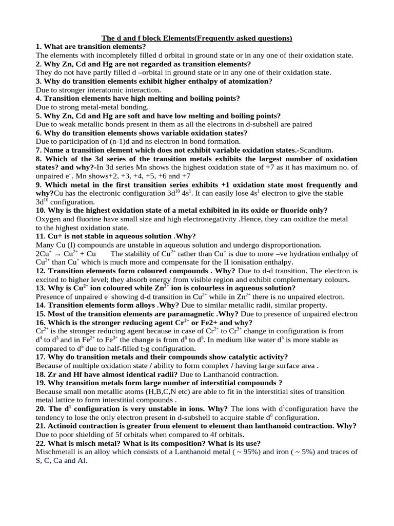 The D and F Block Elements | PDF | Transition Metals | Chemistry