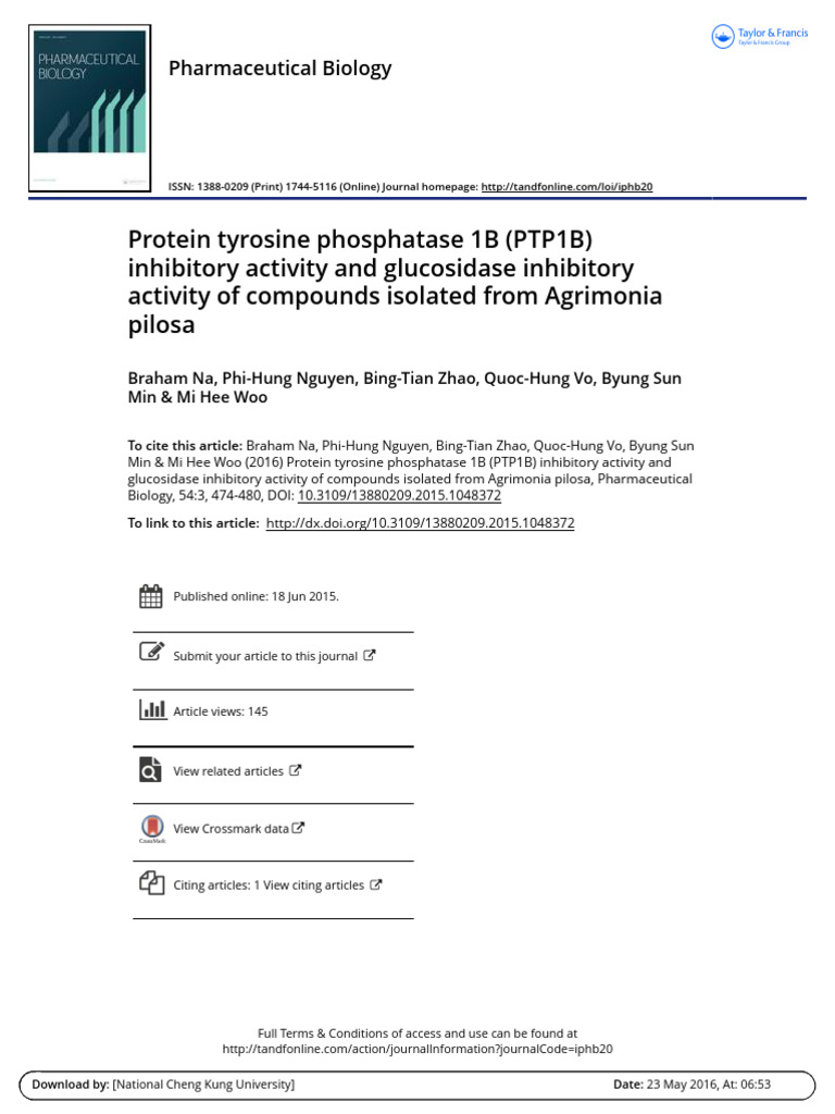 Protein Tyrosine Phosphatase 1B (PTP1B) Inhibitory Activity and ...