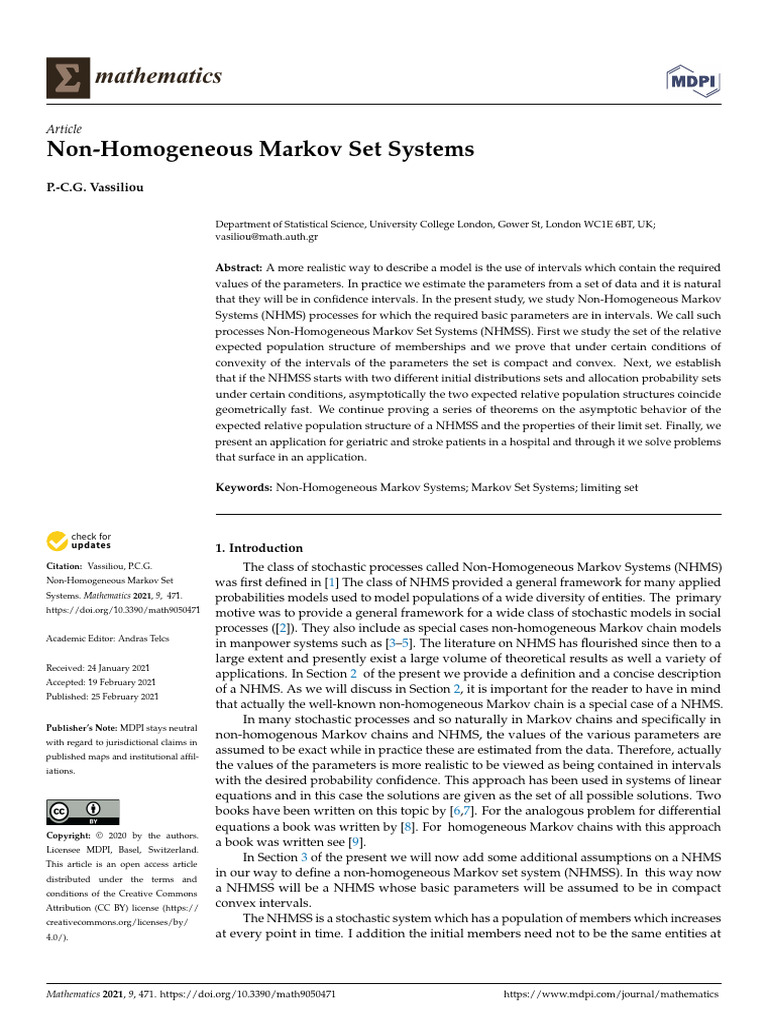 Non Homogeneous Markov Set Systems Pdf Markov Chain Stochastic Process