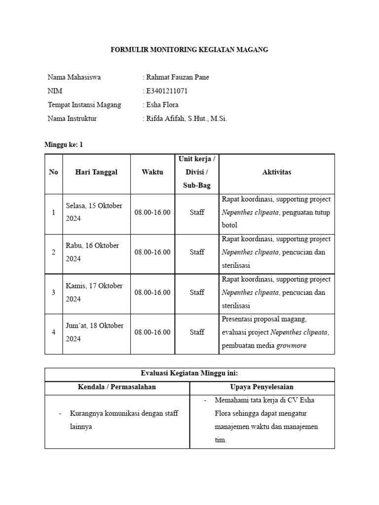 E3401211071 - Formulir Monitoring Kegiatan Magang | PDF