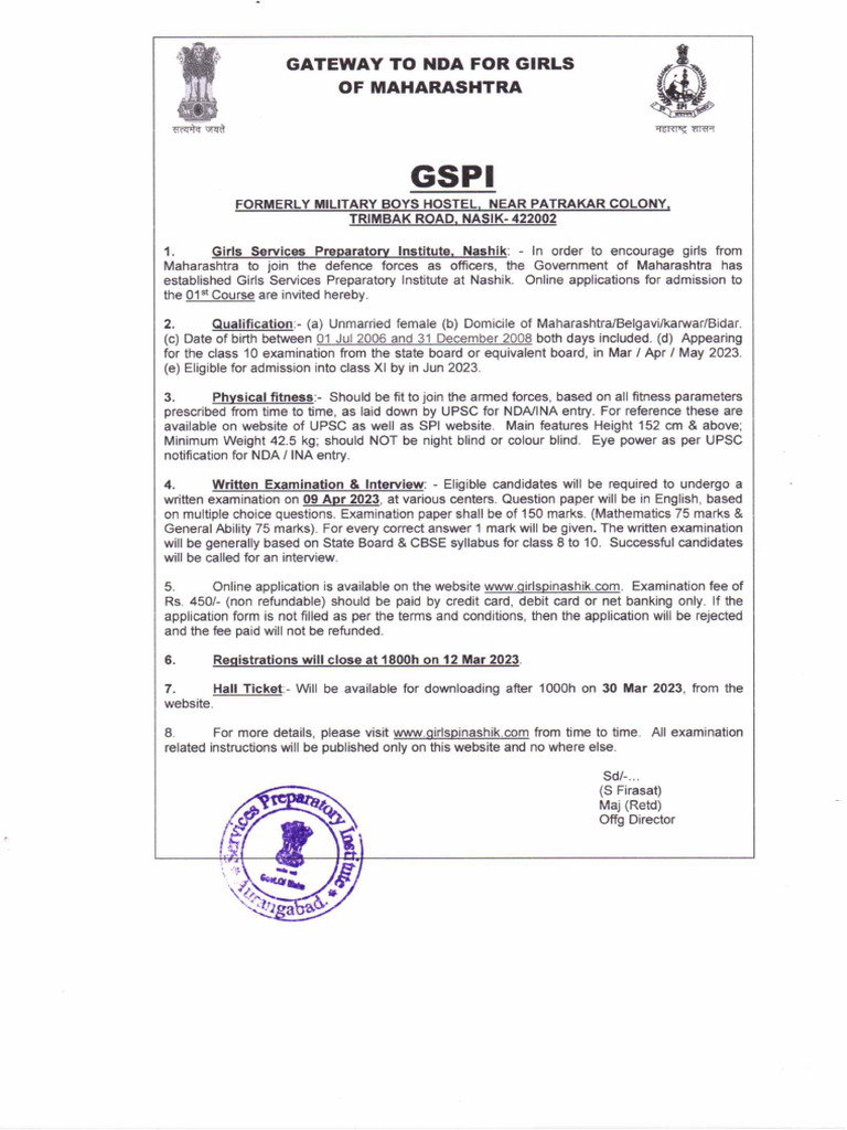 Advt For Girls SPI Nashik English | PDF