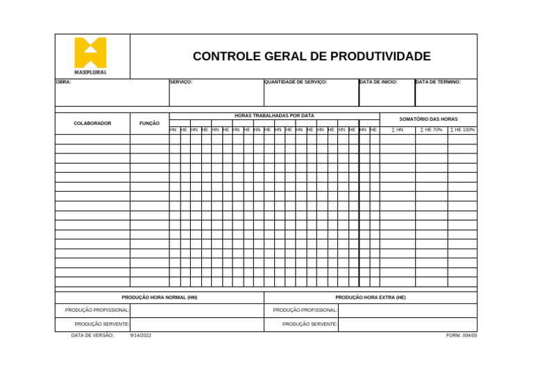 [FORM 004] FORM 004 - CONTROLE GERAL DE PRODUTIVIDADE | PDF