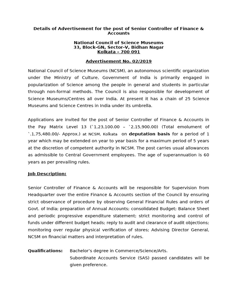 Details of Advertisement Sr. CoFA | PDF | Science