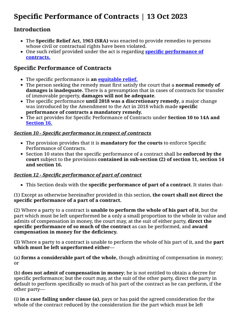specific performance | PDF | Specific Performance | Legal Remedy