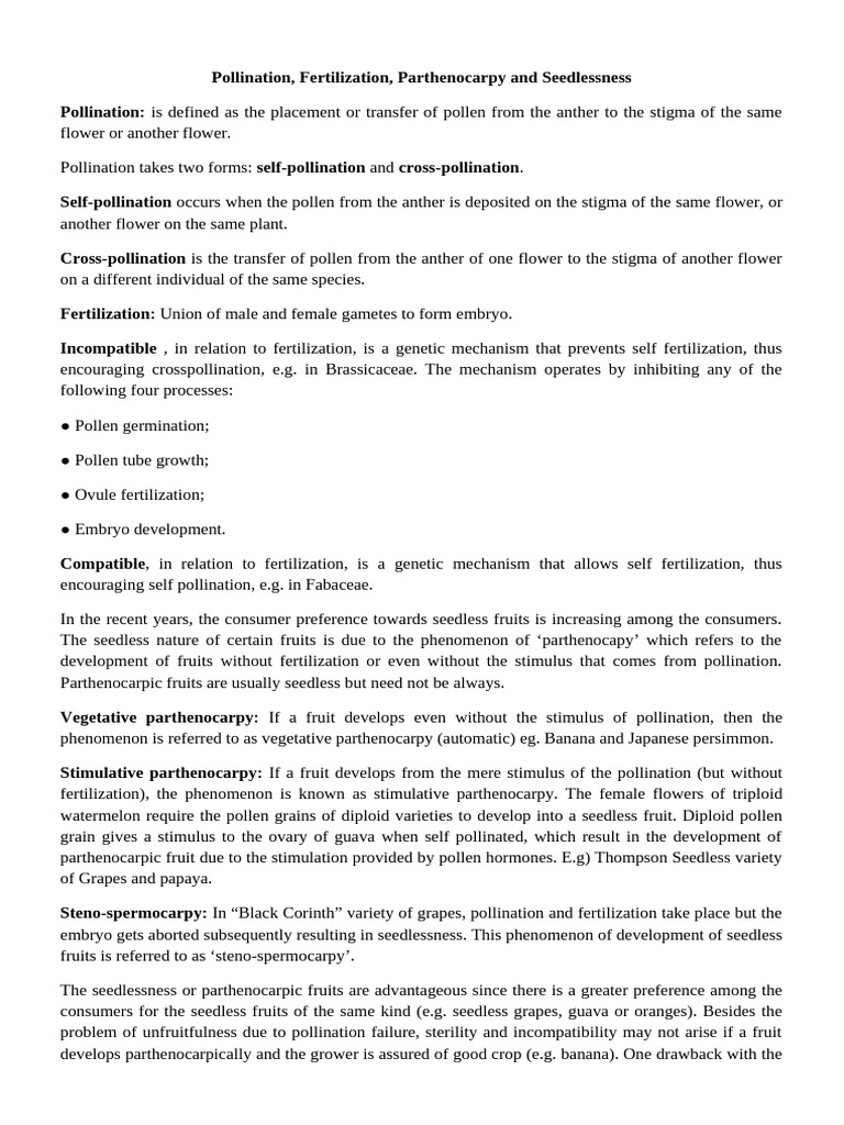 Pollination, Fertilization, Parthenocarpy and Seedlessness | PDF ...