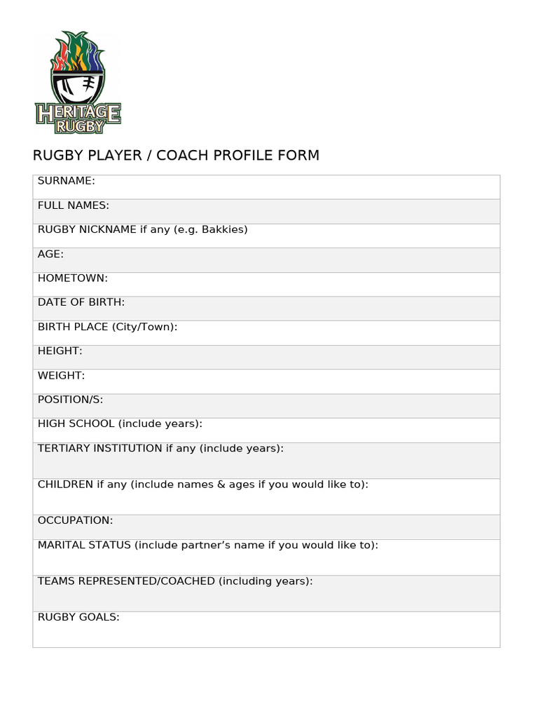 Rugby Player/Coach Profile Form | PDF