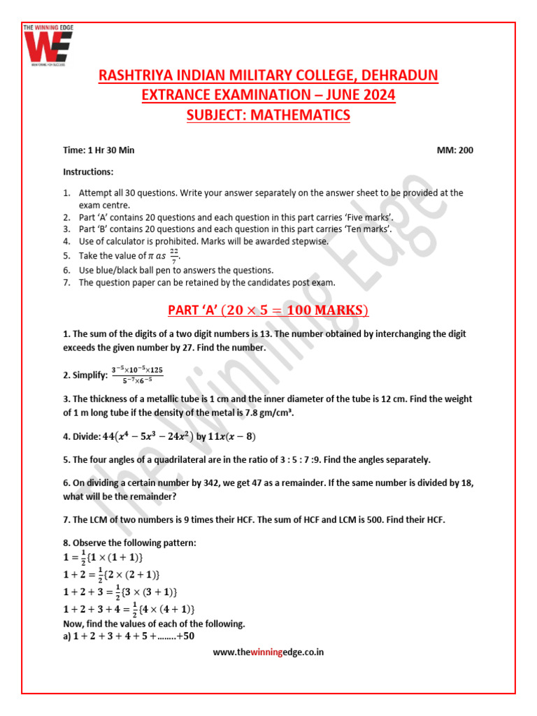 RIMC June 2024 Mathematics Paper | PDF | Area | Ratio