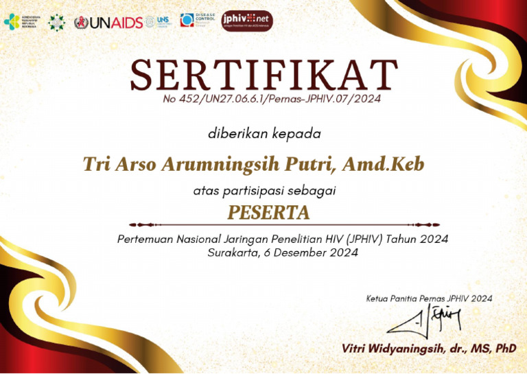 Sertifikat Jaringan Penelitian HIV Tahun 2024 - Tri Arso Arumningsih ...