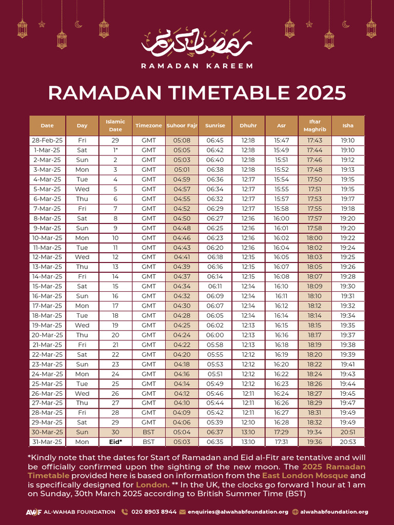 Alwahab Ramadan Timetable 2025 | PDF | Spacetime | Ramadan