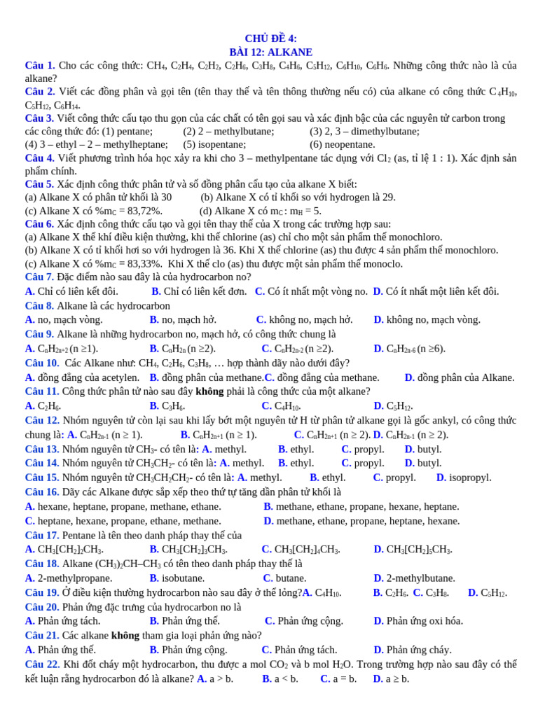 bai tap alkane-de | PDF
