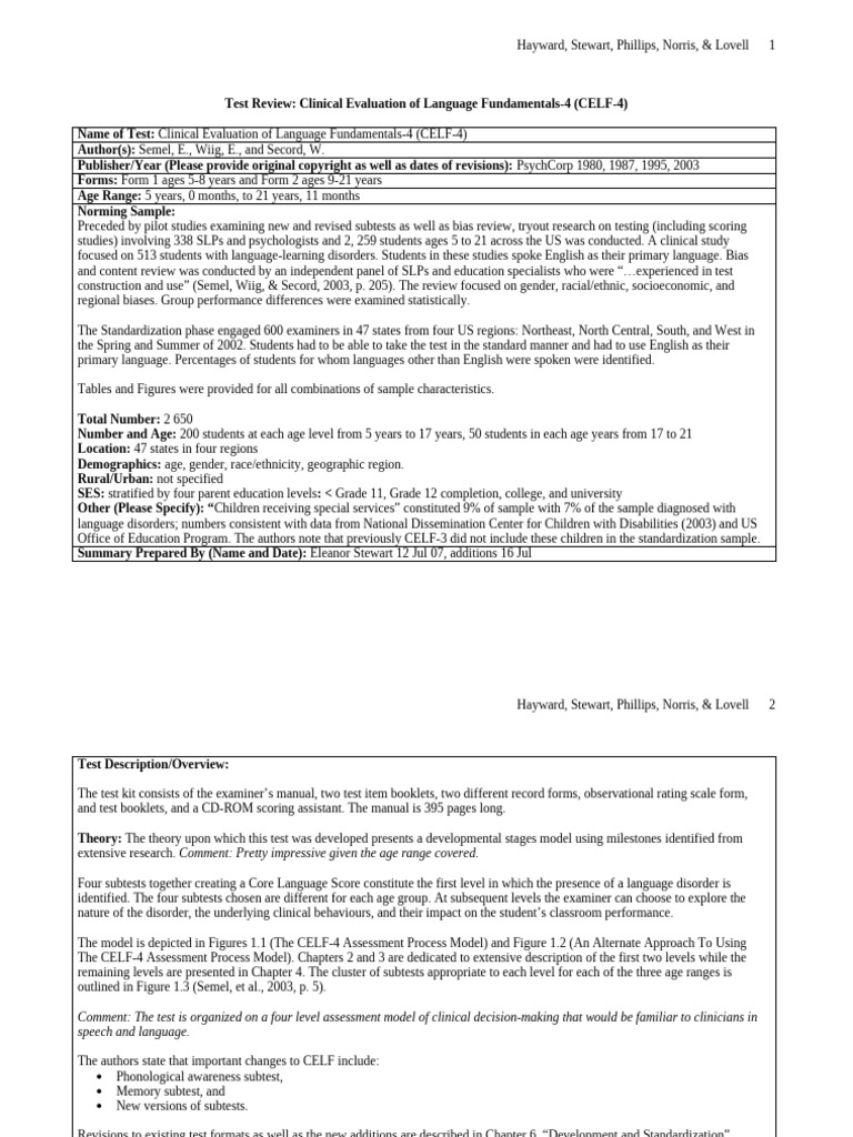 Clinical Evaluation of Language Fundamentals-4 (CELF-4) | PDF