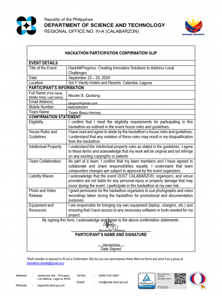 DOST Quilang Hack4AProgress Confirmation Slip | PDF | Intellectual ...
