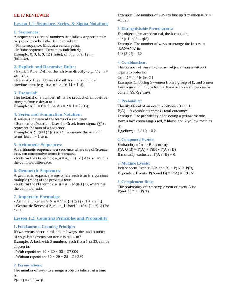 CE 17 REVIEWER | PDF | Summation | Sequence