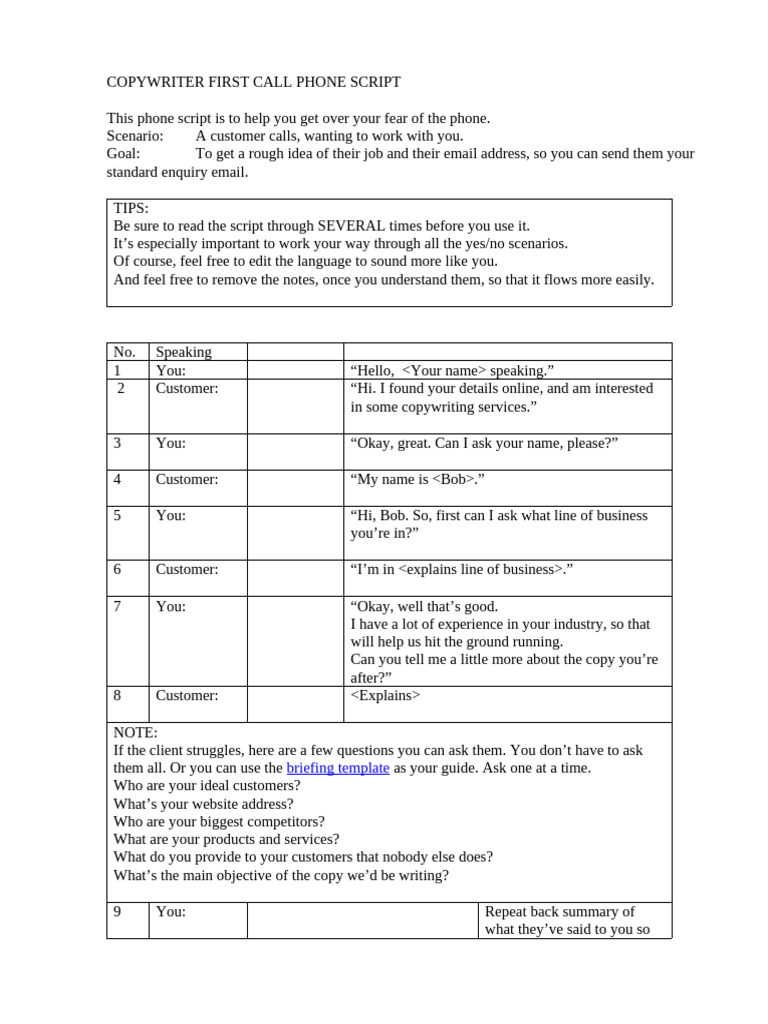 Copywriter First Call Phone Script | PDF