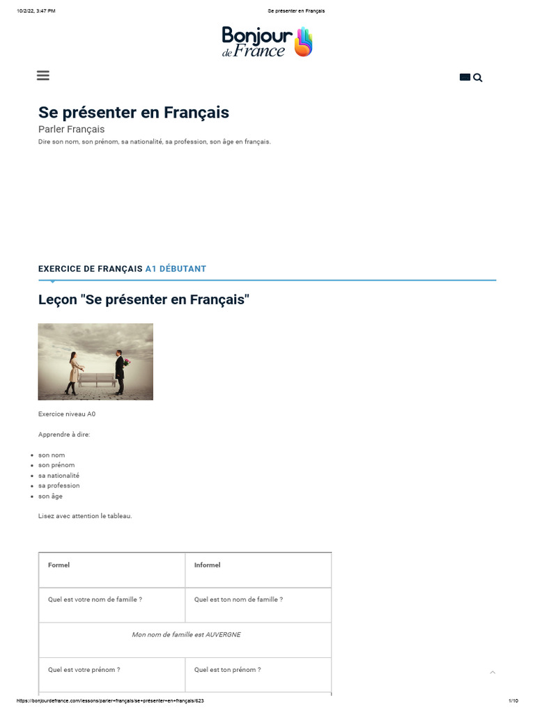 Se Présenter en Français : Guide A1 | PDF | Linguistique