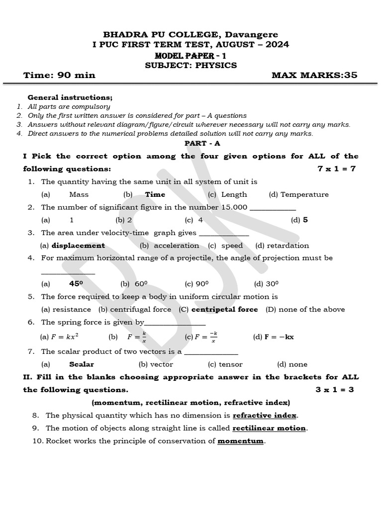 2 I Pu I Term Test Model Papers 2023 | PDF | Force | Acceleration