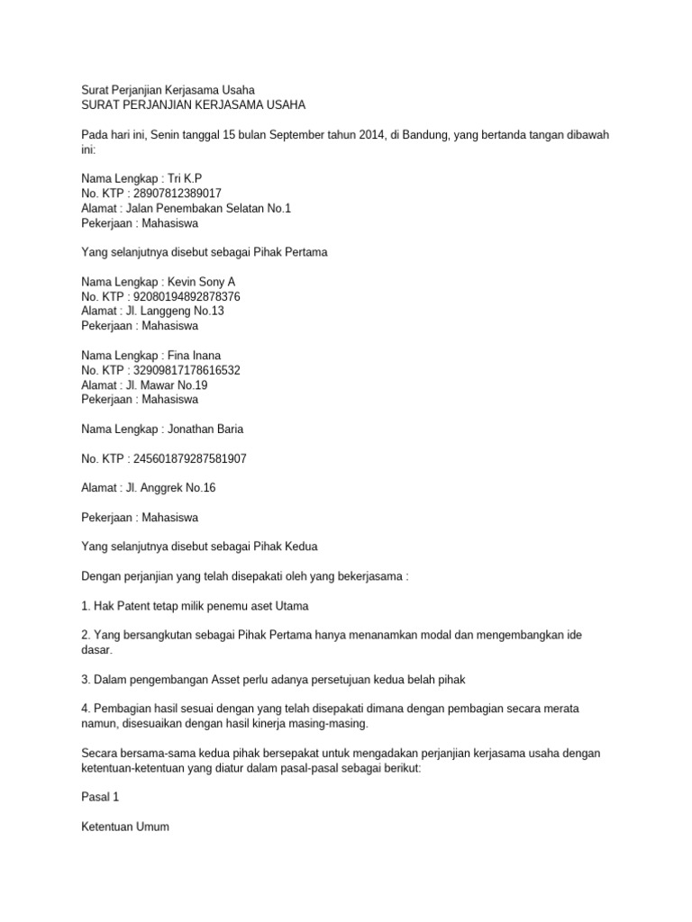 Surat Perjanjian Kerjasama Usaha Pdf