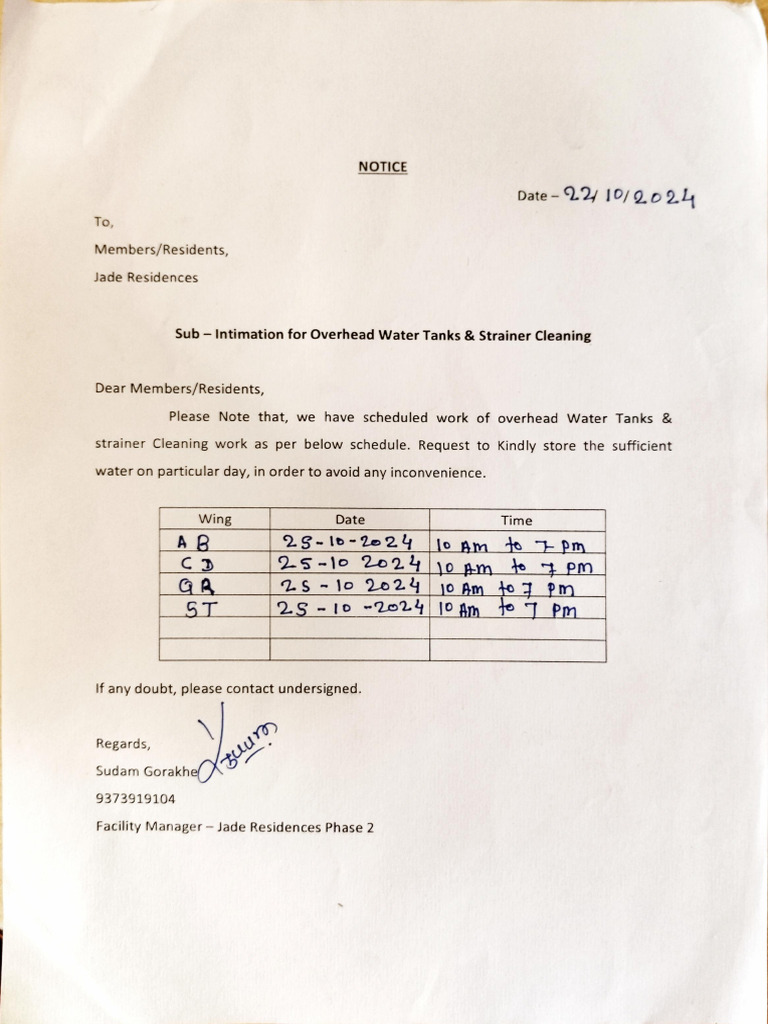 Overhead Tank Cleaning Schedule A ToD and Q To T Wing | PDF