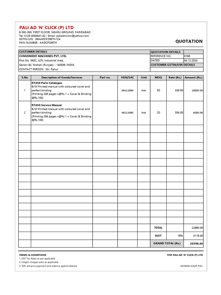 Quotation - Printed Manuals | PDF