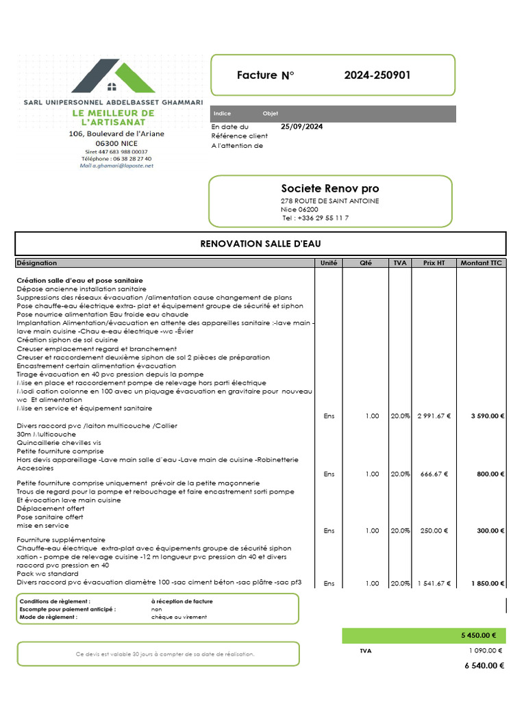 Facture 2024-250901societe Renov Pro | PDF