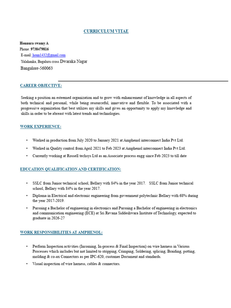 Honnur swamy CV.m (1) | PDF | Electrical Connector | Specification (Technical Standard)