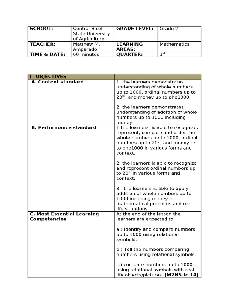 Grade 2 Lesson Plan-Matthew | PDF | Learning | Curriculum