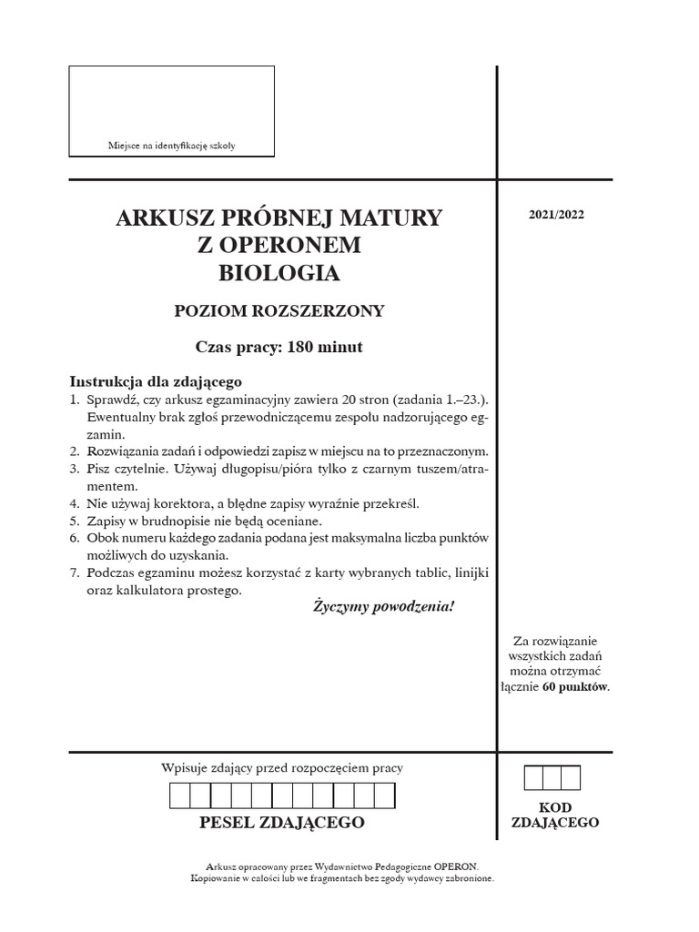 Operon 2021 Biologia Arkusz | PDF