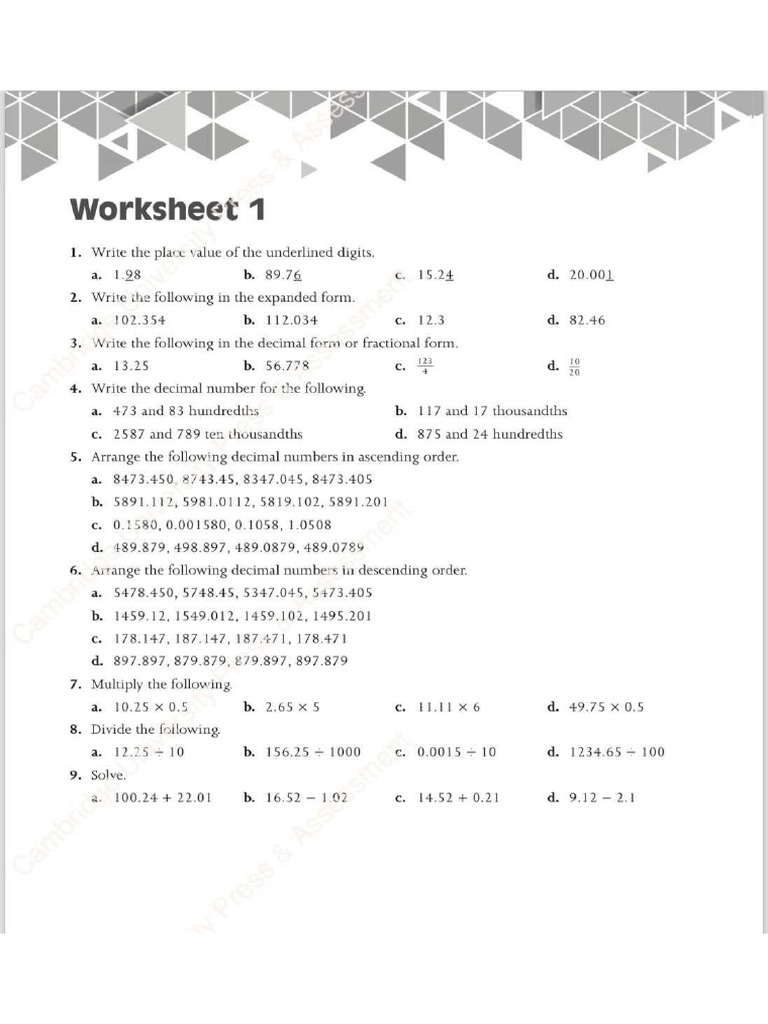 Worksheet Class 6th Decimal | PDF