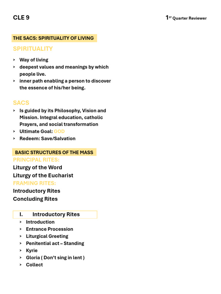 Cle 9 1ST Quarter Reviewer! | PDF | Eucharist | Mass (Liturgy)