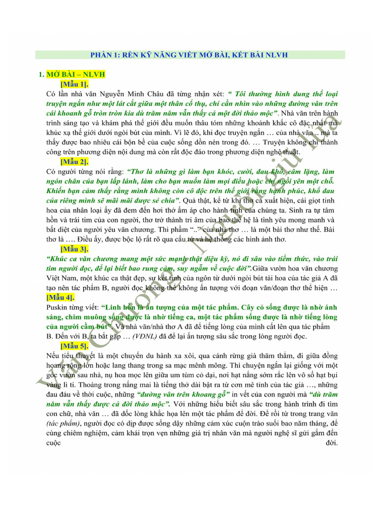 8. RÈN KỸ NĂNG VIẾT MỞ BÀI KẾT BÀI NLVH NLXH | PDF