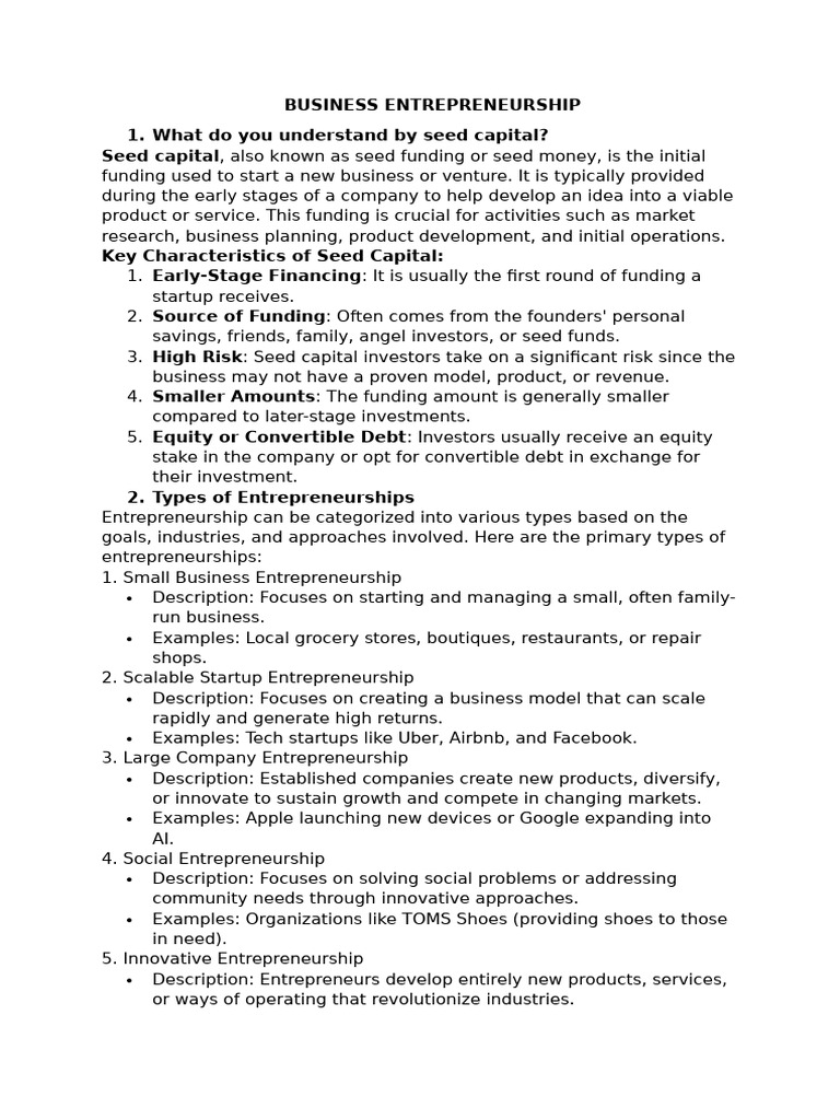 Understanding Seed Capital and Entrepreneurship | PDF ...