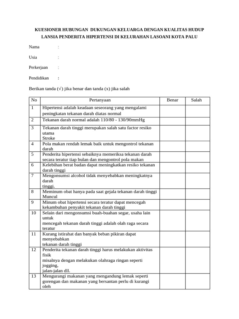 Kuesioner Hubungan Dukungan Keluarga Dengan Kualitas Hudup Lansia Penderita Hipertensi Di ...