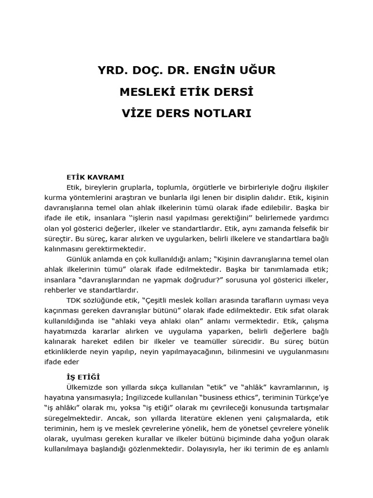 Mesleki Etik Vize Ders Notlarc4b11 | PDF
