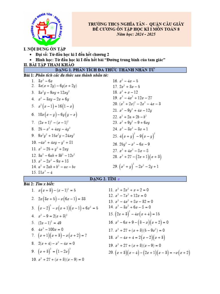 De Cuong Hoc Ki 1 Toan 8 Nam 2024 2025 Truong Thcs Nghia Tan Ha Noi | PDF