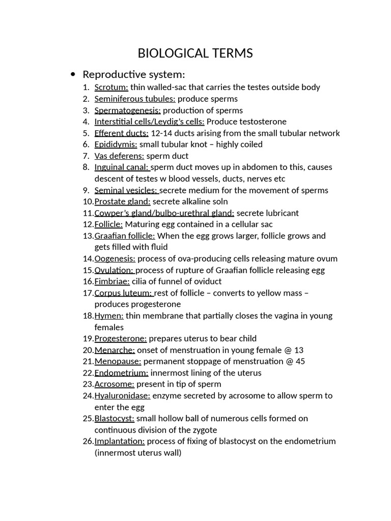 BIOLOGICAL TERMS | PDF | Menstrual Cycle | Testicle