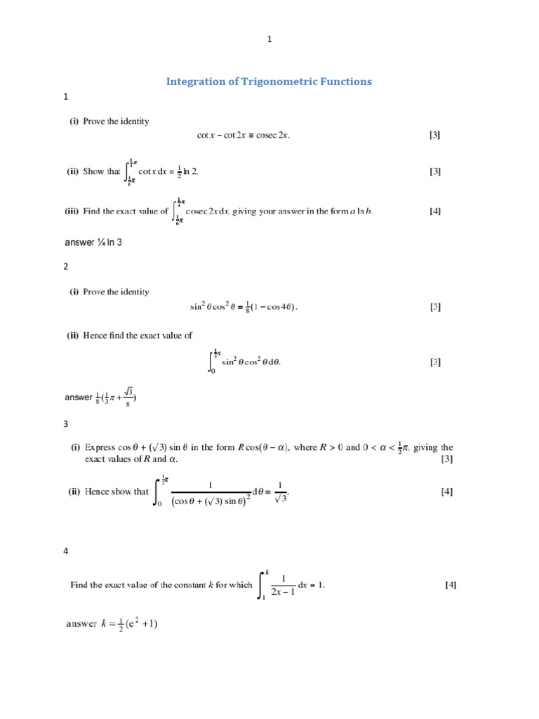 Integration of Trigonometric Functions | PDF