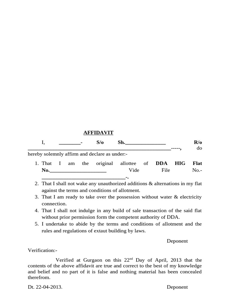 DDA Affidavit for Flat Allotment | PDF
