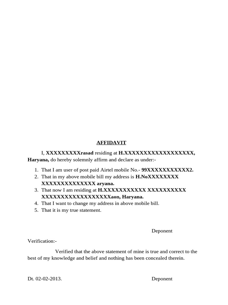 Address Change Affidavit for Airtel Mobile | PDF