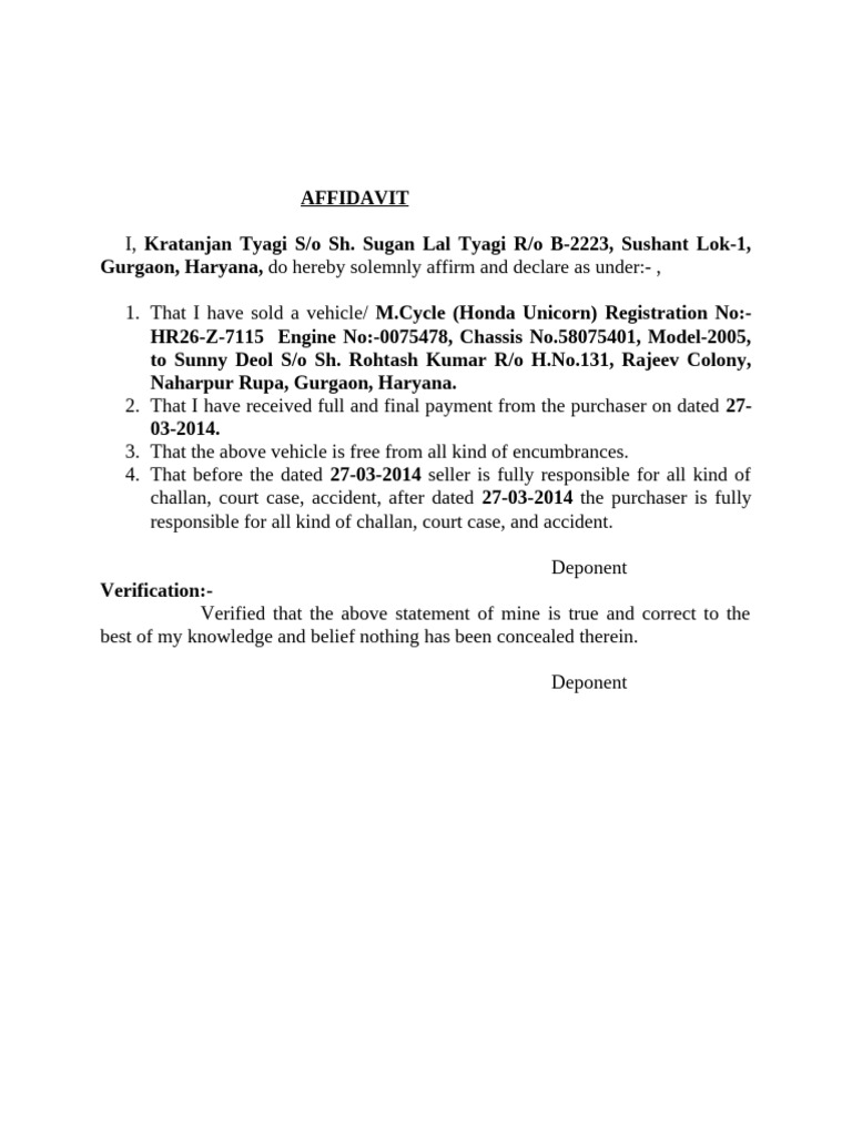 Affidavit-For-Vehicle-Sale-And-Purchase | PDF
